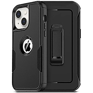 RonShieh Defender Case for iPhone 14 with Holster Belt Clip: [2pcs Screen Protectors + Camera Lens Protector] Heavy Duty Protective Shockproof Rugged Hard Phone Cover for Men, Black