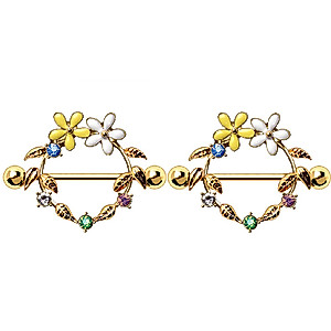 Pierced Owl 14GA Golden Leaves Shield with Flowers and Colorful CZs 316L Surgical Stainless Steel Barbell Nipple Ring Shields, Sold as a Pair