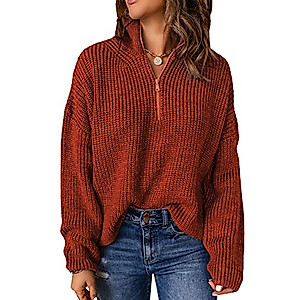 Dokotoo Plus Size Sweaters for Women Long Sleeve V Neck Sweater Quarter Zip Pullover Chunky Cozy Fall Fashion for Women 2023 Ladies Polo Lightweight Red Tops Large