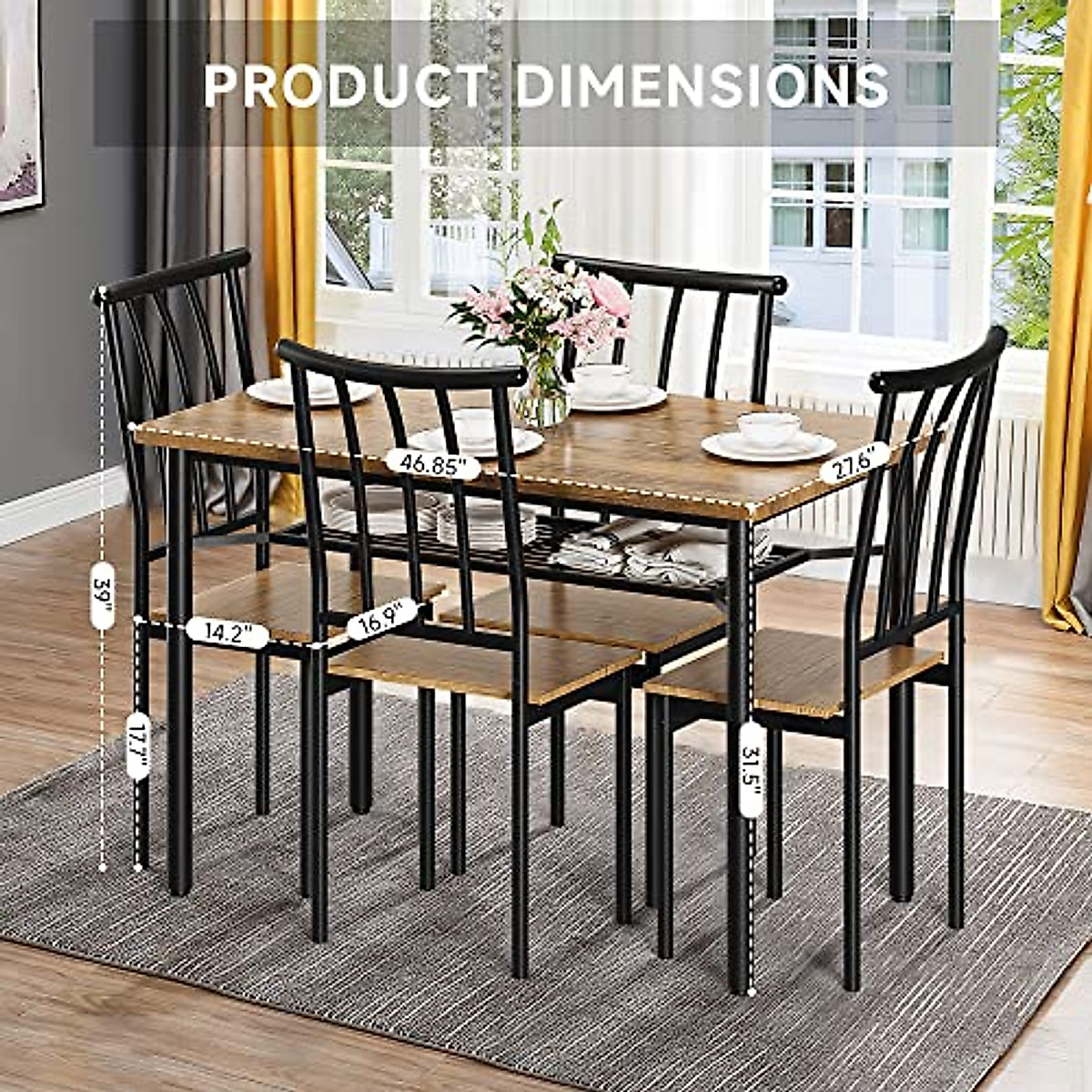 Amyove Kitchen Table and Chairs for 4, 5 Piece Dining Table Set with Storage Rack, Rustic Dining Room Table Set Metal and Wood Rectangular Dining Table for Breakfast Nook, Kitchen, Rustic Brown