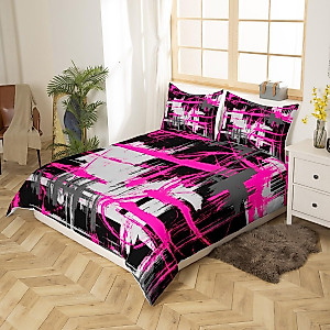 Feelyou Hot Pink Black Grey Bedding Set Queen Size Kids Abstract Art Comforter Cover Set for Boys Teens Modern Striped Art Duvet Cover Breathable Geometric Bedspread Cover Room Decor Quilt Cover