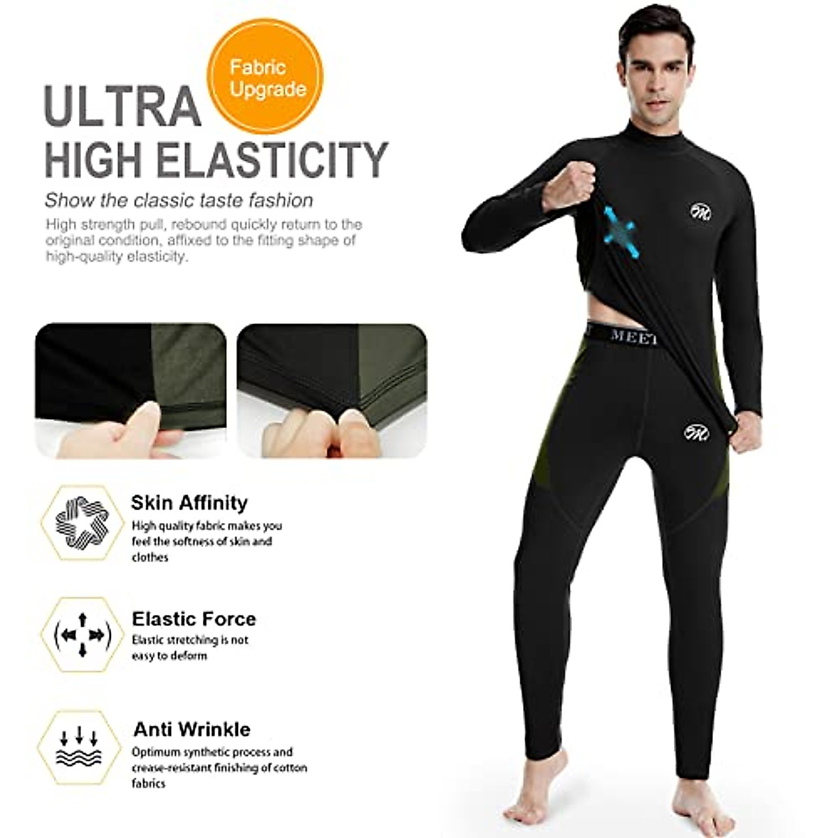 MEETWEE Men's Thermal Underwear Set, Winter Ski Gear Fleece Lined Long Johns Base Layer Warm Top & Bottom for Skiing Black