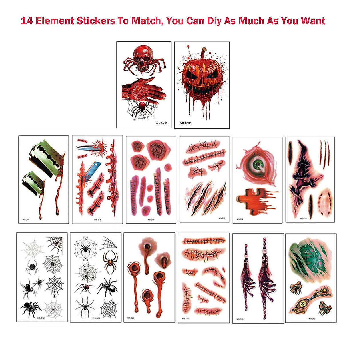 26pcs Halloween Face Big Mouth Fake Tattoos for Adults, Scary Prank Makeup Joker Temporary Tattoo Kit Women, Halloween Horror Clown Fake Face Stickers Kids (Big Face)