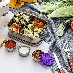 Suttmin 4 Pcs Stainless Steel Bento Box Set, Lunch Containers 3 Sections Portion Control Containers 3 Pcs Mini Stackable Condiment Containers for Lunch Box (Purple,6.5 x 4.92 x 2.44 Inch)