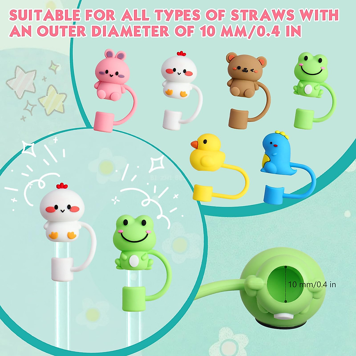 6Pcs Straw Covers Cap, Cute Animals Silicone Straw Toppers Compatible with Stanley Cup, Drinking Straw Caps for 0.4 Inch/10 mm Straw Tips