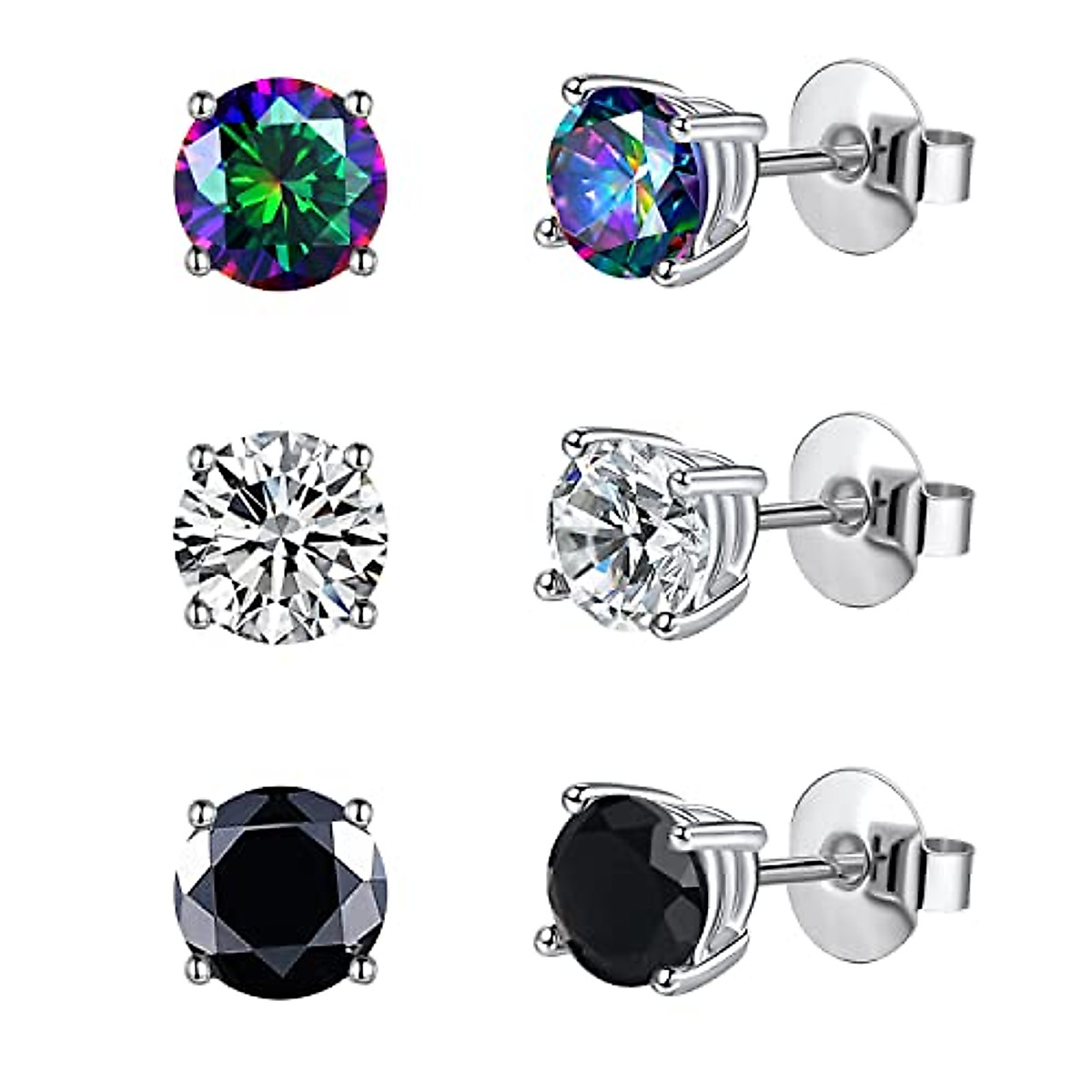 3 Pairs 6mm Round Stud Earrings Set for Women and Men, Clear/Rainbow/Black Cubic Zirconia Hypoallergenic Earring Pack (White Gold)