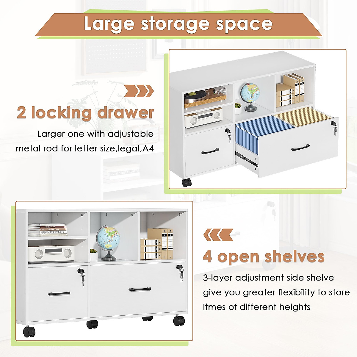 Semoic 2 Drawer Wood Lateral File Cabinet with Lock, Lockable Rolling Filing Cabinet with Open Storage Shelves, Printer Stand Office Storage Cabinet for Home Office Fits Files Legal/A4 Size, White