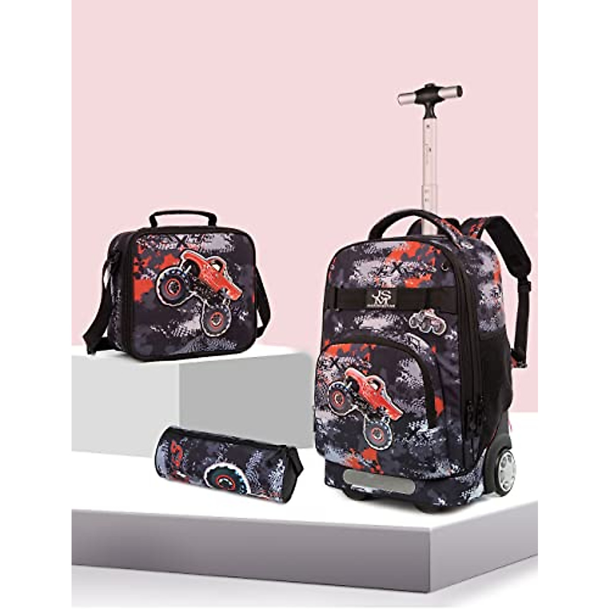 MOHCO 19 inch Rolling Backpack Set Wheeled School Book bag with Insulated Lunch Bag and Pencil Case (Moto)