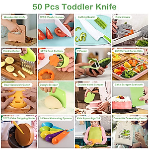 50PCS Kids Knife Set for Real Cooking, Kids Kitchen Knives with Toddler Cutting Board Apron Gloves Peeler Crinkle Cutters Kid Proof Kitchen Tools, Little Chef Knifes Gifts for 2 - 8 Years Old