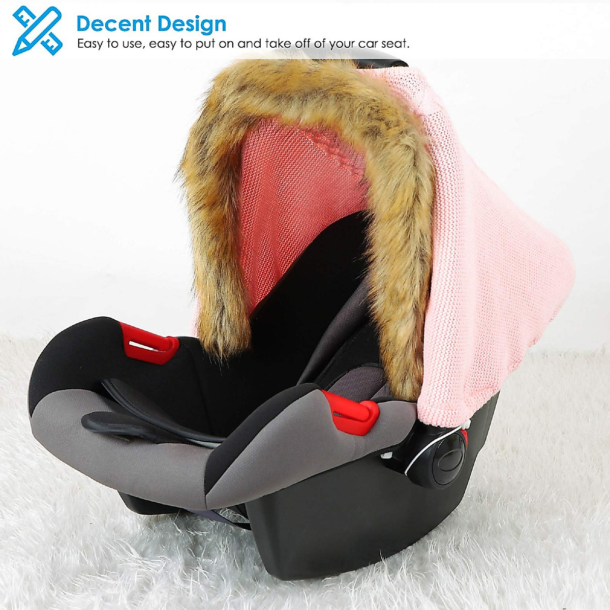 Yinuoday Baby Car Seat Cover with Faux Fur Hem Winter Knitted Stretchy Infant Stroller Cover Carseat Canopy for Boy Girl Indoor Outdoor