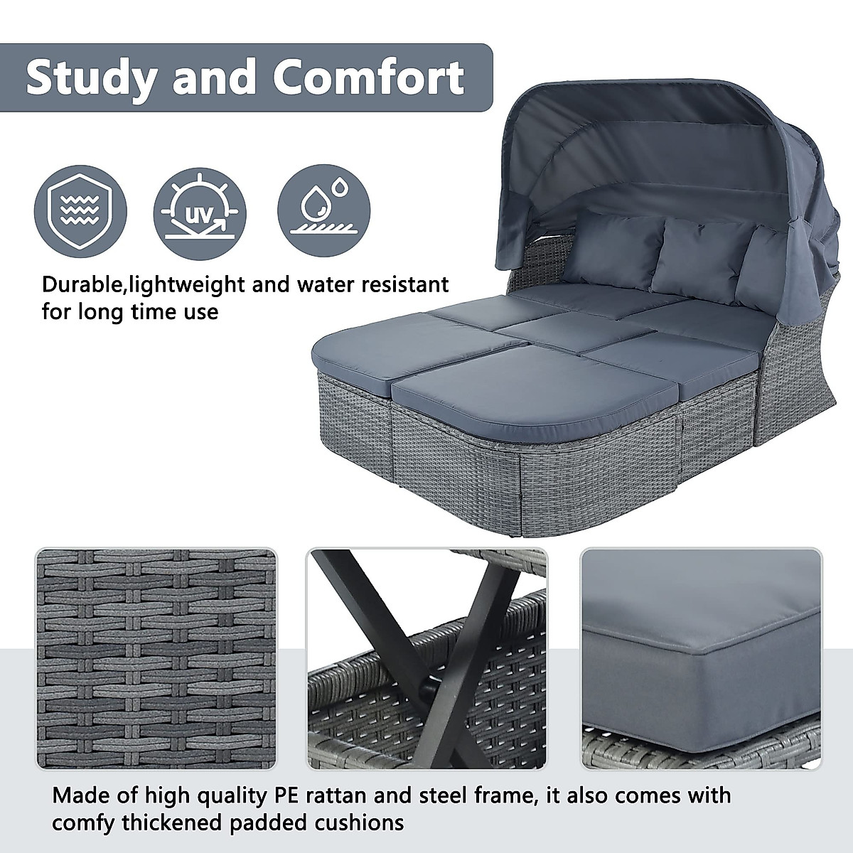 Merax Outdoor Patio Rattan Daybed Sunbed with Retractable Canopy, Sectional Conversation Sofa Set for Backyard and Porch, Grey