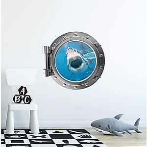 12" Port Scape Instant 3D Window Wall Sticker Great White Shark Attack Silver Porthole Wall Decal Ocean Under Water Sea Life Fish Kids Bedroom Playroom Wall Art Room Decor Removable Fabric Vinyl