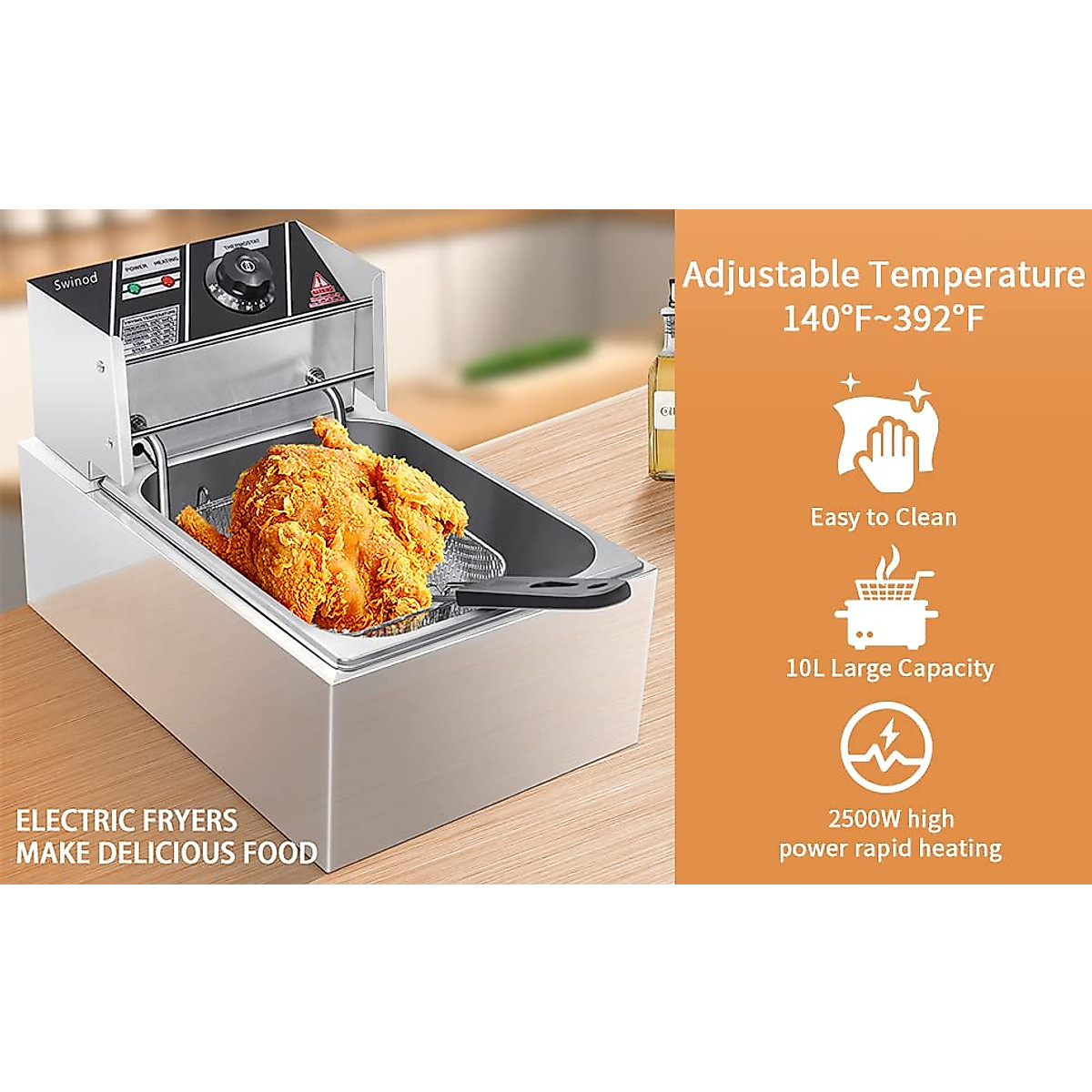 Swinod Deep Fryer with Basket and Lid Capacity 6L Stainless Steel Single Tank Countertop Fryer for Home and Commercial