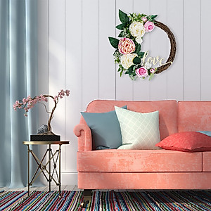 Martine Mall 14In Artificial Peony Flower Wreath Half Circle Wreath Front Door Wreath for Spring Summer Floral Wreath with Eucalyptus Leaves Home Garden Party Wedding Mother Valentines Day Decor