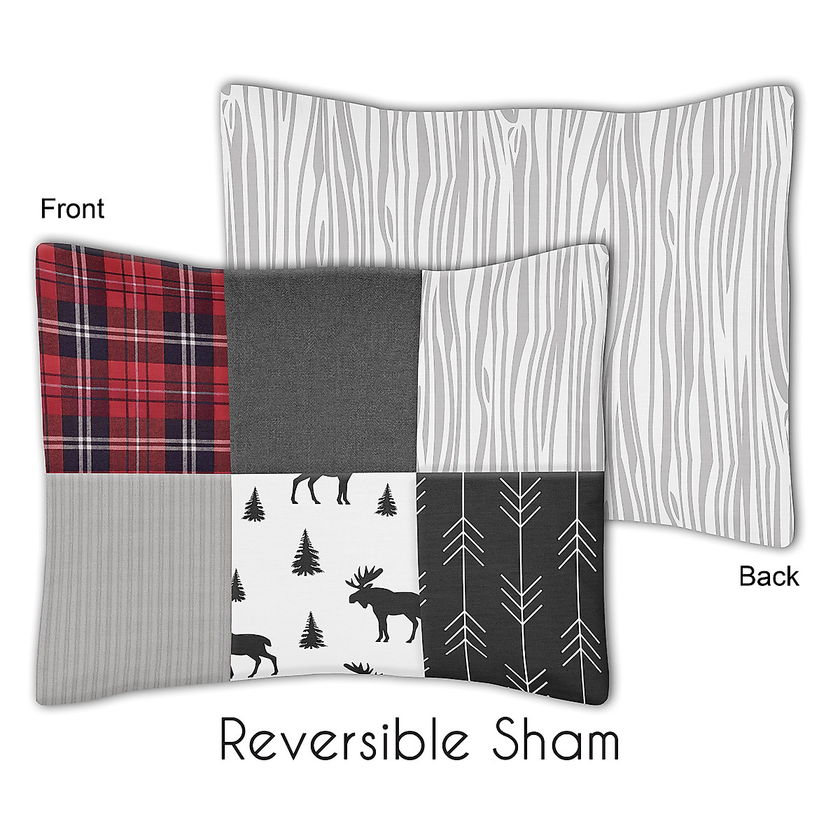 Sweet Jojo Designs Grey, Black and Red Woodland Plaid and Arrow Rustic Patch Boy Toddler Kid Childrens Bedding Set - 5 Pieces Comforter, Sham and Sheets - Flannel Moose Gray