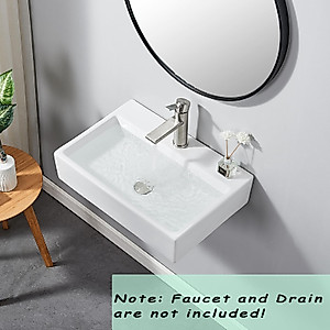 VCCUCINE Contemporary 21"x14" Porcelain Ceramic Wall Mounted Bathroom Vessel Sink,Modern White Floating or Countertop Rectangle Lavatory Art Basin with Faucet Hole Vanity Sink