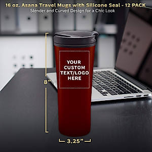 Personalized 16 oz. Asana Travel Mugs with Silicone Seal - 12 Pack - Custom Text, Logo - Red