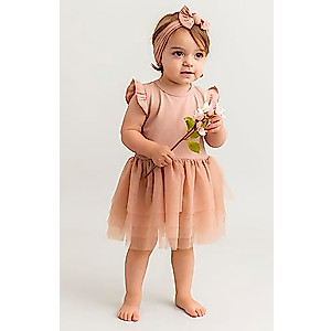 Organic Cotton Baby Girl Ruffle Romper Summer Tulle Dress Jumpsuit with Headband Outfit Set（12-18 Months, Misty Rose)