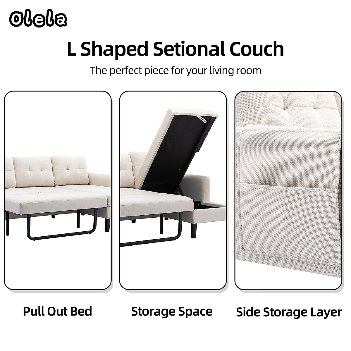 Olela Pull Out Sleeper Sofa Couch,Linen Convertible Sofa Bed L Shape Sectional Sofa with Storage Chaise and Pocket for Living Room (Beige-Tufted Back)