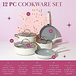 Paris Hilton Epic Nonstick Pots and Pans Set, Multi-layer Nonstick Coating, Tempered Glass Lids, Soft Touch, Stay Cool Handles, Made without PFOA, Dishwasher Safe Cookware Set, 12-Piece, Cream