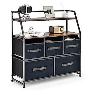 GOFLAME 5 Drawer Dresser with Shelves, Freestanding Fabric Dresser Organizer with Metal Frame, Anti-toppling Devices, Storage Tower Unit, Chest of Drawers for Living Room, Bedroom, Entryway