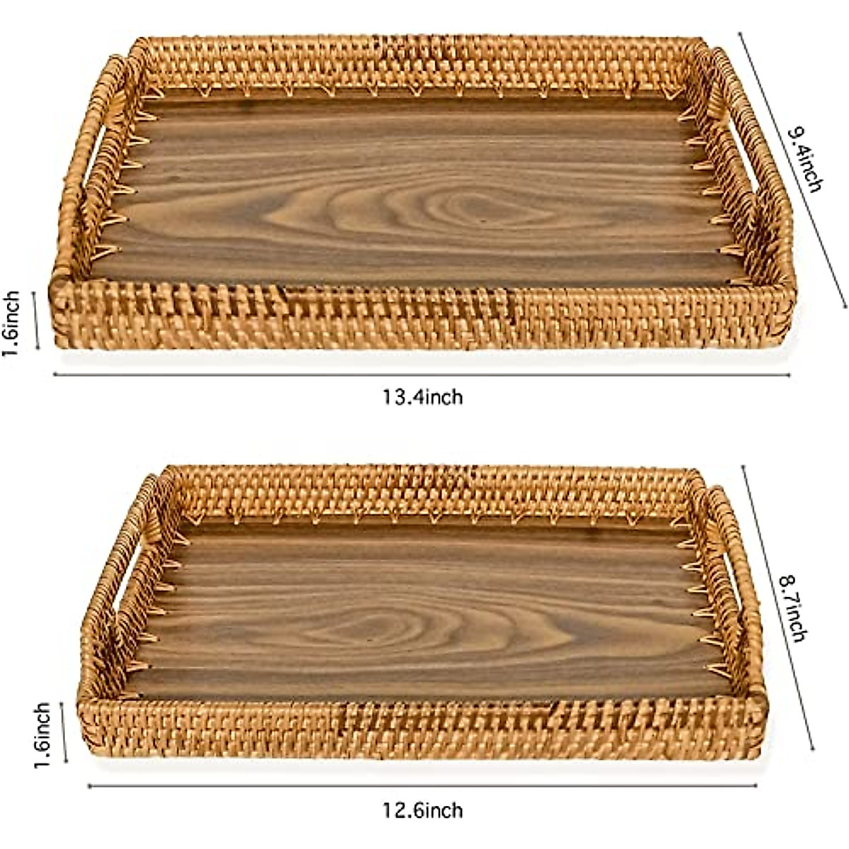 Rattan Decorative Tray with Natural Wood - Coffee Table/Ottoman Tray - Vanity Tray - Fruit Basket - Serving Tray (Small)