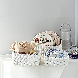 HQBL Woven Storage Baskets Set of 3, Recycled Paper Rope Bin Organizer Shelf for Cupboards Decorative Home Closet Drawer Dresser,Perfect for Storing Small Household Items