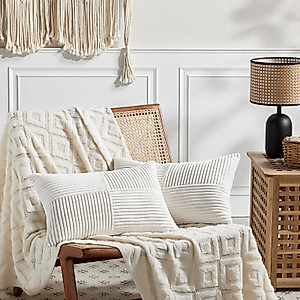 Fancy Homi 2 Packs Cream White Lumbar Decorative Throw Pillow Covers 12x20 Inch for Couch Bed Sofa, Rustic Farmhouse Boho Home Decor, Soft Striped Corduroy Rectangle Accent Cushion Case 30x50 cm