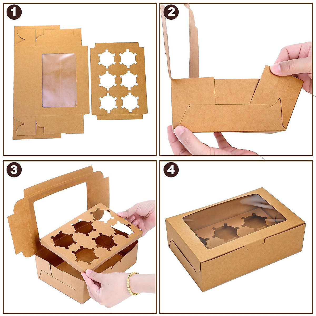 Jucoan 50 Pack Kraft Cupcake Box with Insert and Window Hold 6 Standard Cupcake, Food Grade Cupcake Carrier Container, Brown Bakery Box for Pastry, Cookies, Small Cake, Desserts Treat.