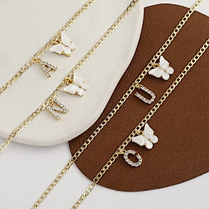 VIROMY 14K Gold Plated Dainty Butterfly Initial Ankle Bracelets Handmade Cuban Chain White Butterfly A Alphabet Letter Initial Anklets Personalized Summer Beach Jewelry Gifts for Women A