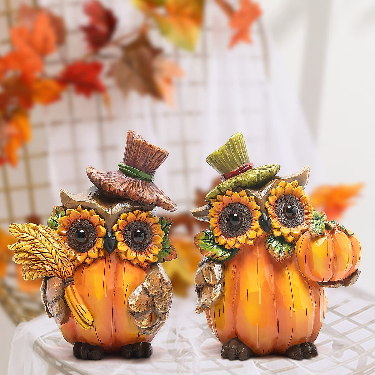 Hodao Owl Sculpture - Resin Thanksgiving Decor, Handmade Fall Centerpiece in Country Style, Unique Patented Design, 5.5 inches Tall