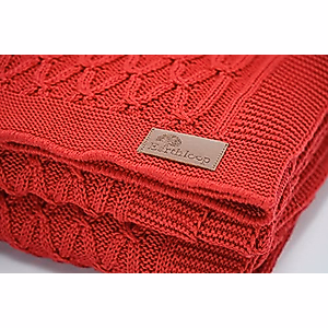 Earthloop Large Knit Throw Blanket | 100% Organic Cotton – GOTS Certified | Couch and Bed Throw Blankets | Knitted Throws | Adult Cable Knit (60 x 80 in, Red)