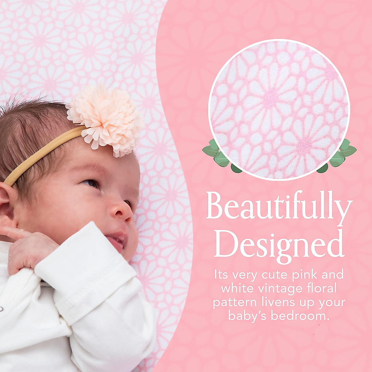 World Kind Brand - Floral Baby and Toddler Bed Sheets, Soft and Breathable Baby Sheets, Pure Cotton-Made Baby Girl Crib Sheets, Pink and White Crib Sheet with Elastic, 52 x 28 x 9 inches