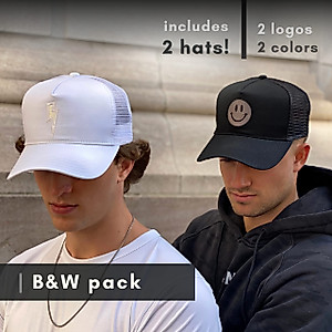 Trucker Hat - 2 Pack | Cotton Embroidered Cap | Smiley Face Hat | Preppy Trendy Vintage Retro Hats | Unisex Men Women Baseball Cap | Mesh Adjustable Snapback | Black + White | B&W Pack