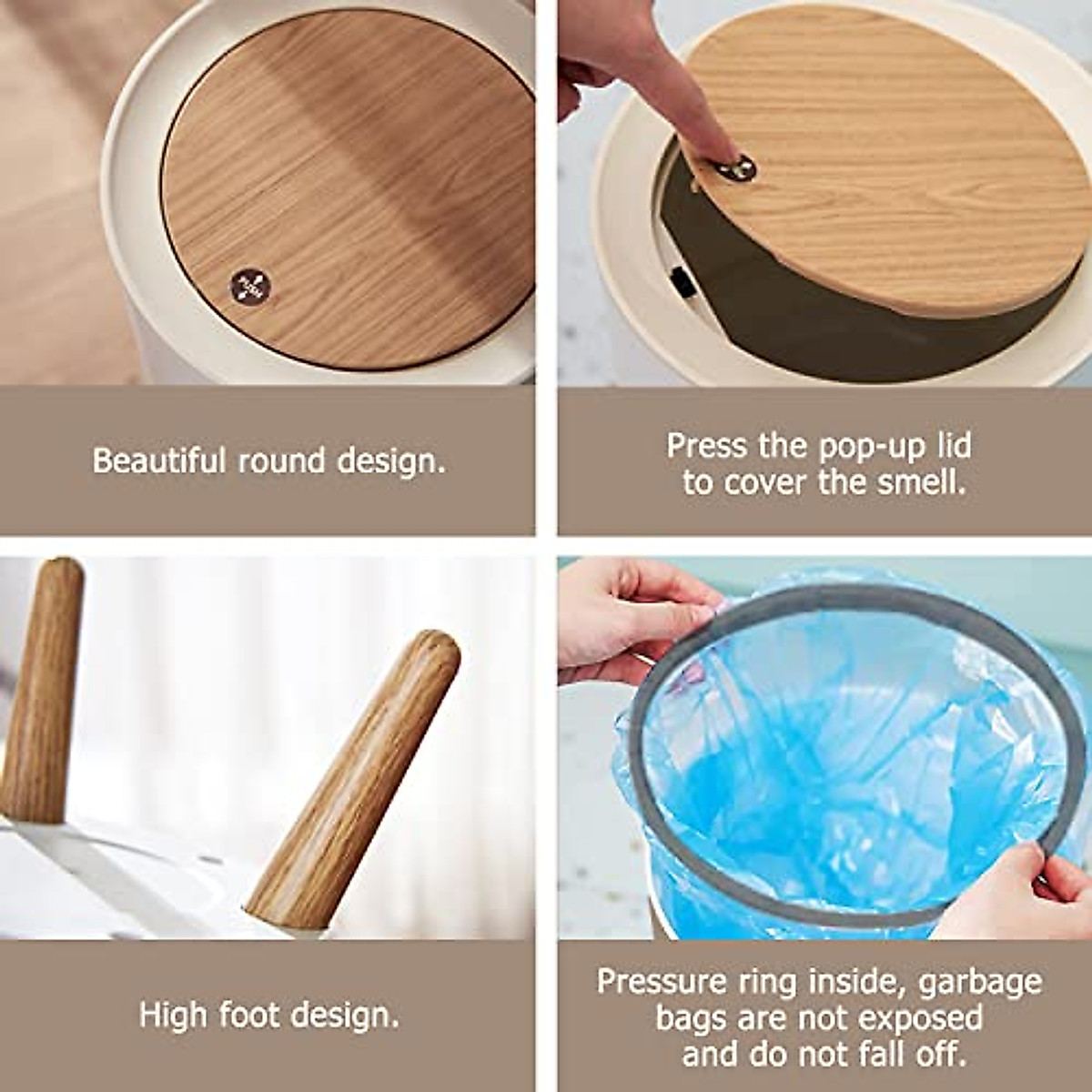 Small Trash Can with Lid Hand Drawn Strawberry Seamless Cartoon Fresh Berry with Hearts Pink Wood Legs Press Cover Garbage Bin Round Waste Bin Wastebasket for Kitchen Bathroom Office 7L/1.8 Gallon