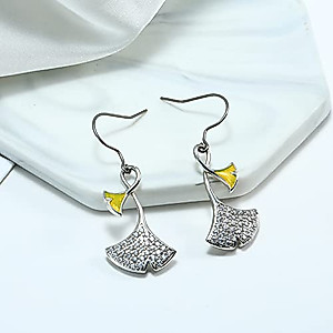 Ginkgo Leaf Earrings Hypoallergenic Titanium Dangle Earrings For Women, Sparkly Cubic Zirconia Enamel Drop Earrings Lightweight Handmade, Pure Titanium Earrings Hooks for Sensitive Ear