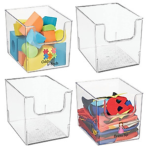 mDesign Open Front Plastic Toy Storage Organizer Bin with Labels - Container for Nursery, Kids Bedroom, Drawer, Dresser, or Playroom Closet - Ligne Collection - Includes 4 Bins + 24 Labels - Clear
