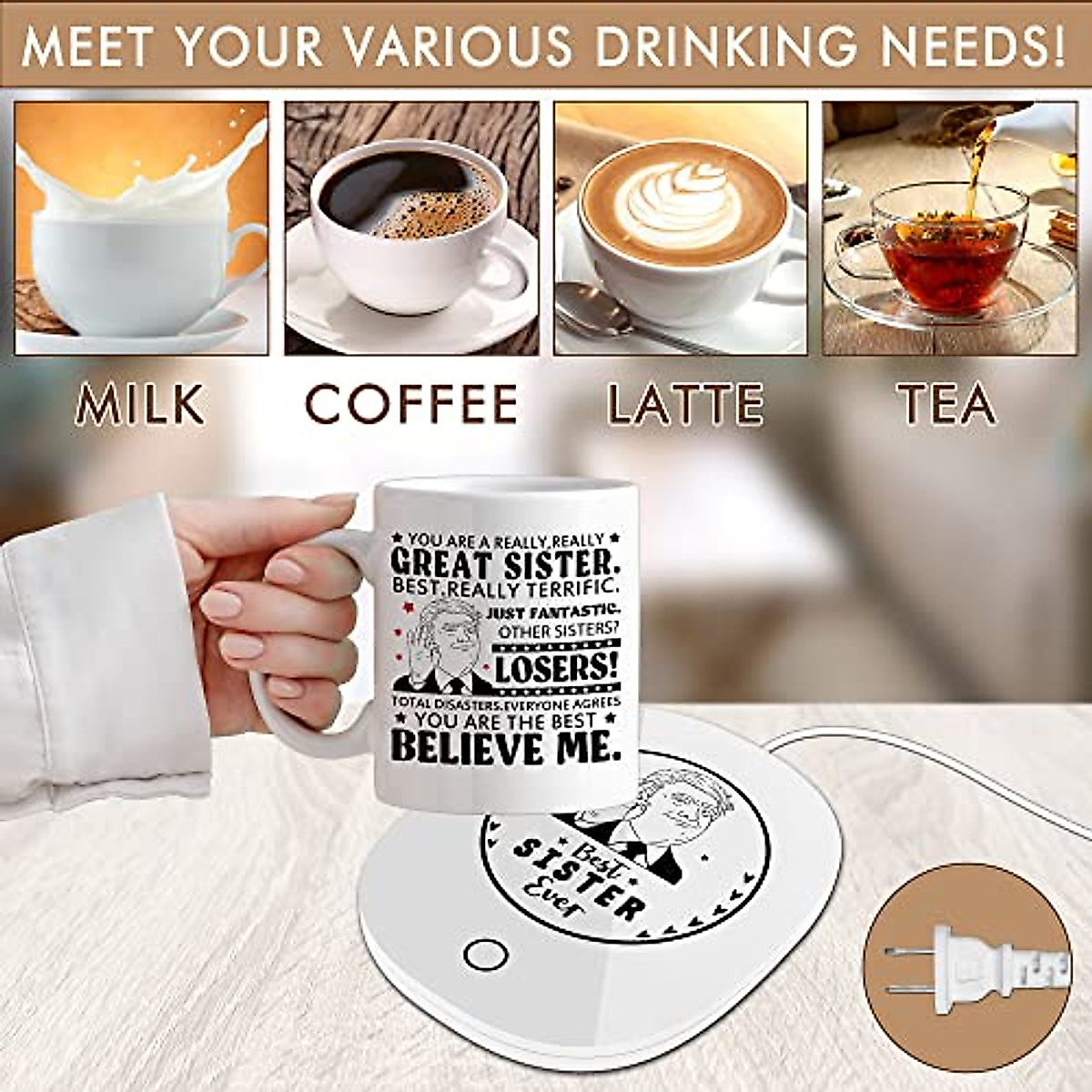 Sisters Gifts from Sister - Mothers Day Birthday Gifts for Sister - Best Bday Gift for Big Little Sister, Smart Warmer Thermostat Coaster with Mug, Beverage Warmer Maintain Temperature 120℉-140℉