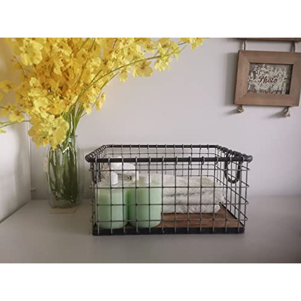 Rectangular Hand Welded Farmhouse Metal Baskets In Set Of 3 with Rustic Wooden Bottom. Large one:16.14"X12.2'X7.08"H, Study and Sutitable For Laundry, Towel, Spice Rack, Storage, Tool Box, Picnic