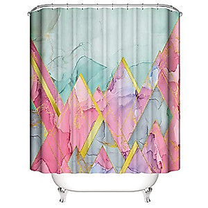 HOMAEUPIN 4 Pcs Gold Colorful Geometry Marble Shower Curtain Sets Watercolor Light Luxury Non-Slip Rugs Toilet Lid Cover U-Shaped Mat Modern Bathroom Accessory Sets 24 Hooks Red