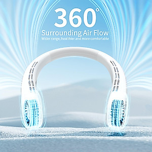 HUIDANGJIA Portable Neck Fan, Bladeless Personal Fan, Rechargeable 4000mAh Battery, No Hair Snagging, 3 Speeds Faster Cooling, Ultra Quiet, Gifts for Men Women, Home, Office, Travel Essentials, White