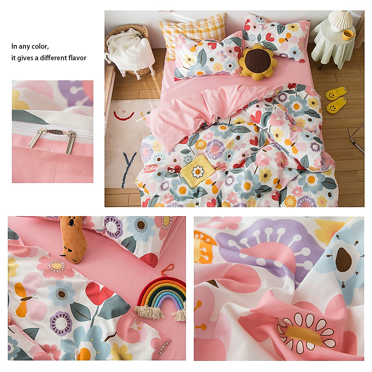 BHUSB 3 Piece Teens Floral Bedding Sets Pink Flowers Print Kids Duvet Cover Set Twin Garden Soft Cotton Comforter Covers for Bedding Collection Twin Set Zipper Closure