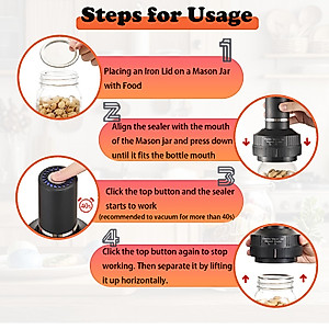 Electric Mason Jar Vacuum Sealer Kit for Wide Mouth & Regular Mouth Mason Jars, Rechargeable & Portable Vacuum Sealer for Canning & Vacuum Bag, Cordless Vacuum Sealing Machine for Canned Food Storage