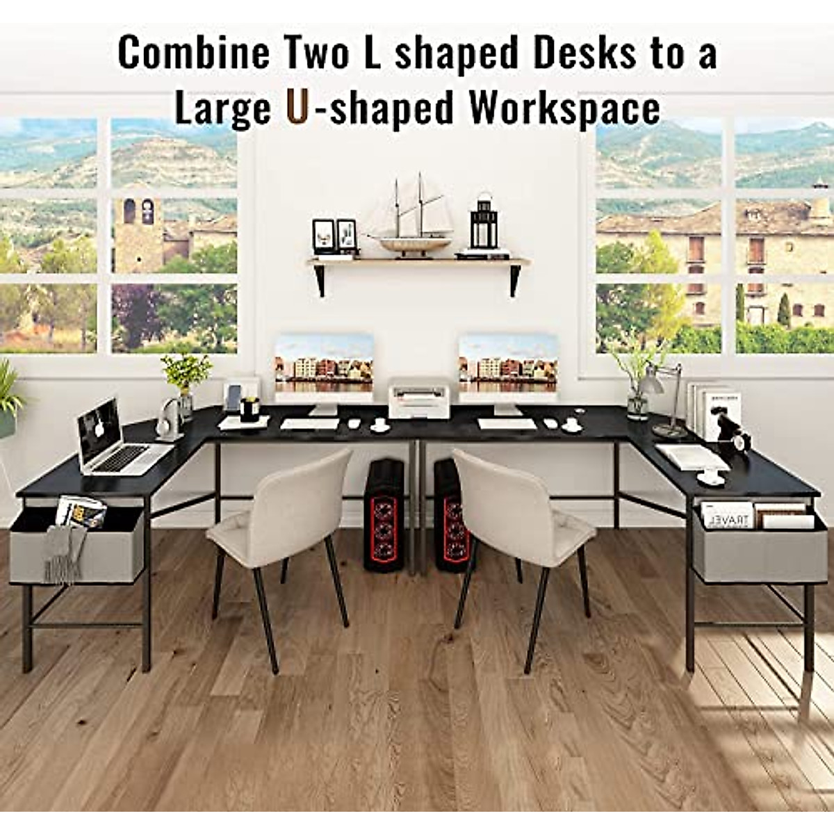 DKLGG L Shaped Computer Desk, 49" Gaming Desk Home Office Corner Desks Large Work Study Desk with Storage Bag & Hooks, L Desk Workstation Space-Saving Table for Home Office, Black