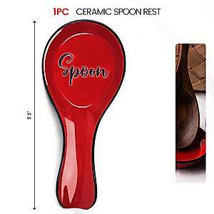 HAKSEN Ceramic Spoon Rest, Large Spoon Holder for Stove Top 9.5 Inch Red Utensil Rest for Kitchen Counter Ladle Spatula