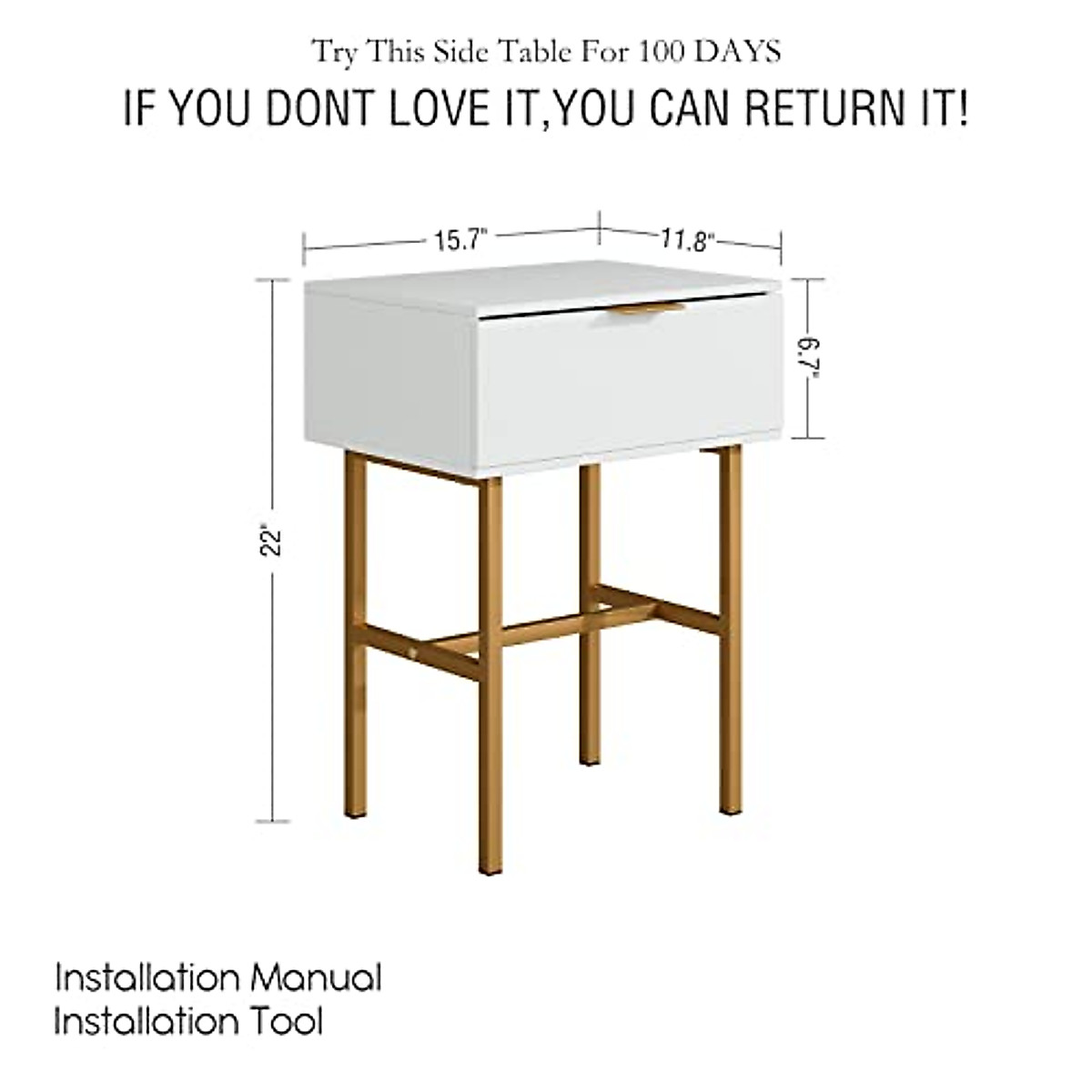 Masupu Nightstand,Mid-Century Modern Bedside Table with Drawer,Small End Table with Gold Frame for Bedroom,Living Room,Classic White