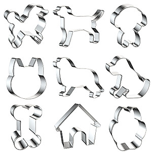 9 PCS Dog Cookie Cutters Set, Assorted Dog Shape Metal Cookie Cutters, Bone, Dog Paw, Corgi, Labrador, Rottweiler, Sheepdog Shape Cookie Cutters Molds for Baking Dog Party Supplies, Silver, standard