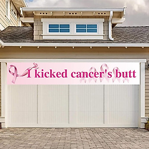 GENERC Large I Kicked Cancer's Butt Banner, Pink Ribbon Party Sign Decoration Hope Strength Courage Faith Backdrop for Breast Cancer Awareness Party Decoration Supplies - 118'' x 19.7''