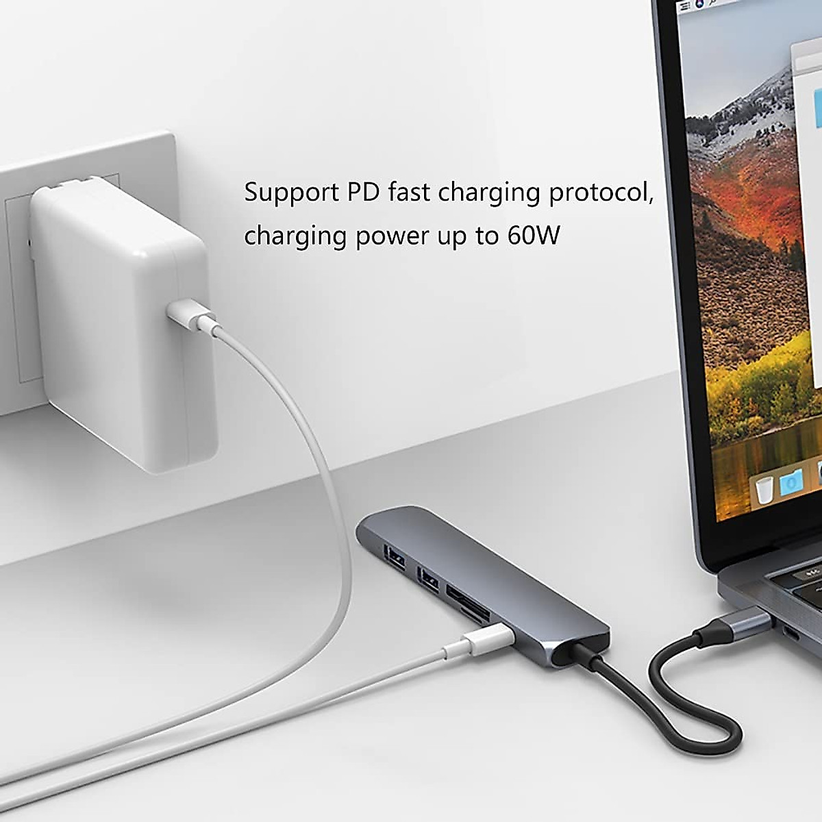 Port Expander USB C Hub 6 in 1 USB-C Dock Type C Hub Multiport Adapter with 60W PD Charging, HDMI, 2 USB 3.0 Ports, SD/TF Card Reader USB Splitter (Color : Silver)