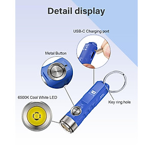 RovyVon Aurora A1 G4 USB C Rechargeable Mini Flashlight, Super Bright Keychain Flashlight 650 High Lumens Small EDC Flashlight Keychain Light with Clip for Camping, Hiking, Emergencies (Blue)